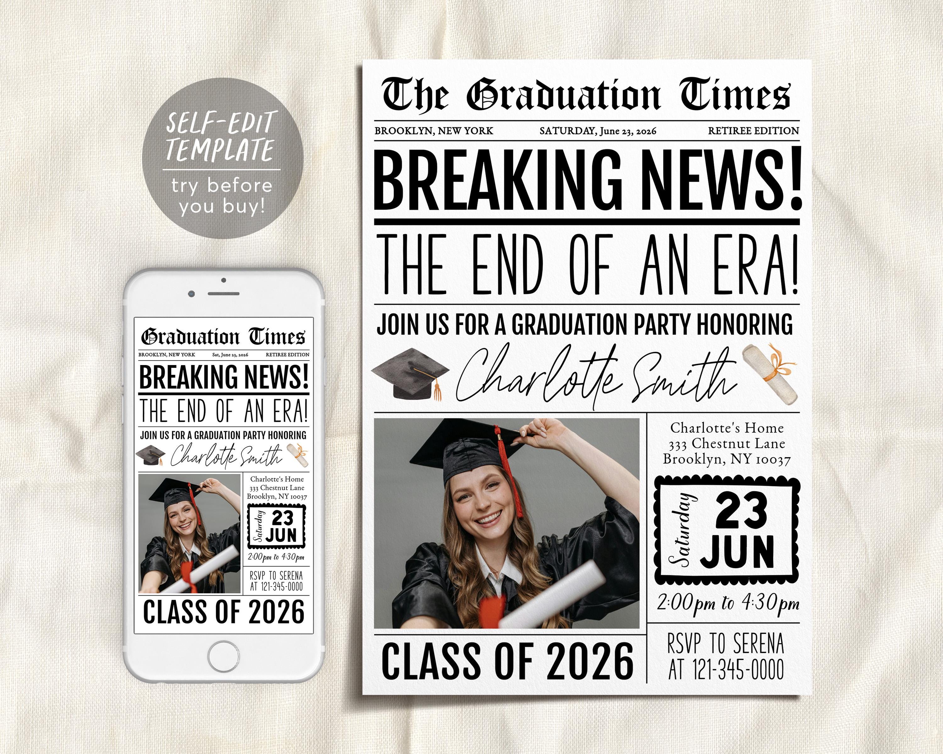 Graduation Newspaper Invitation Editable Template, Senior Graduation A ...