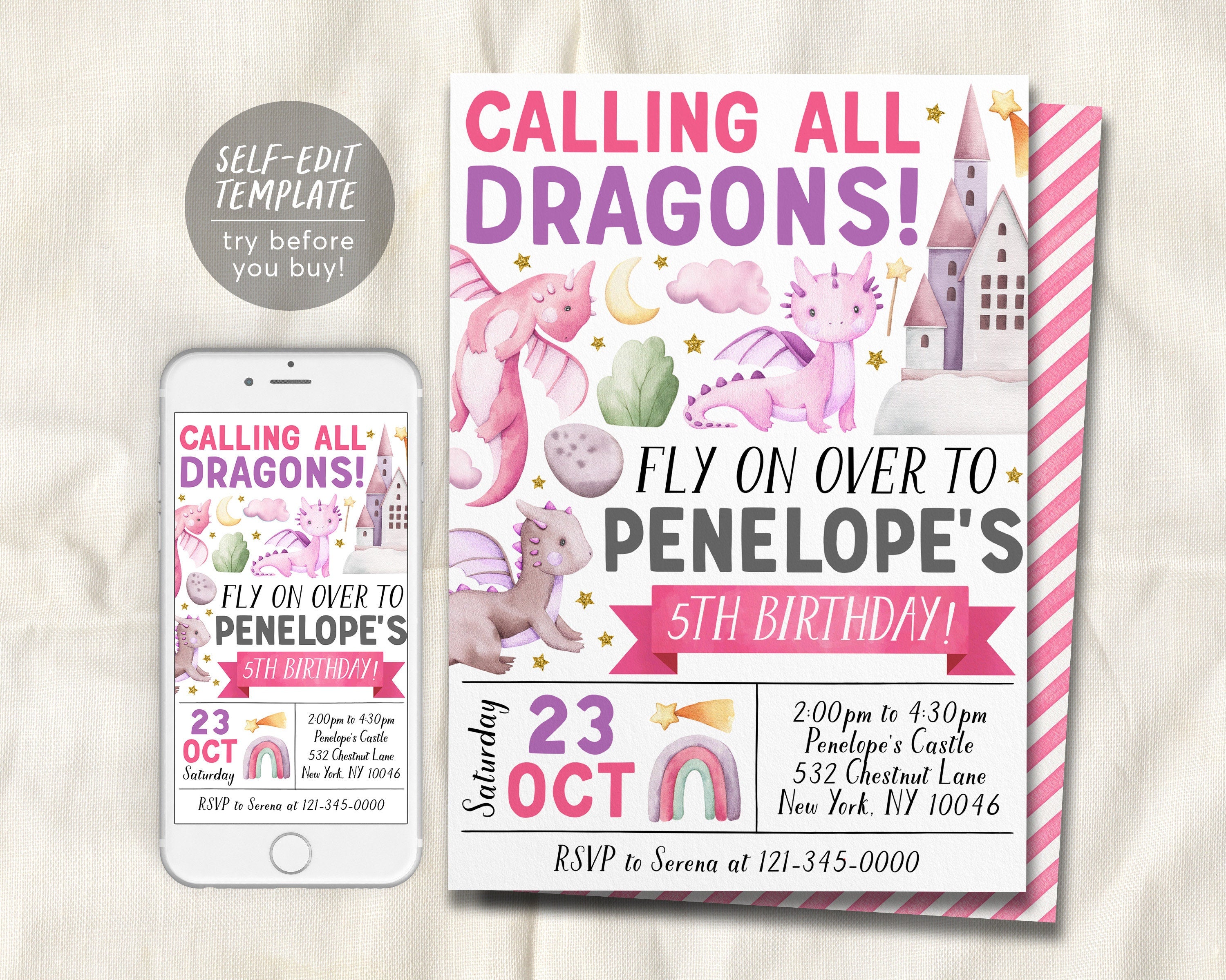 Dragon Birthday Invitation Editable Template, Girl Magical Adventure D ...