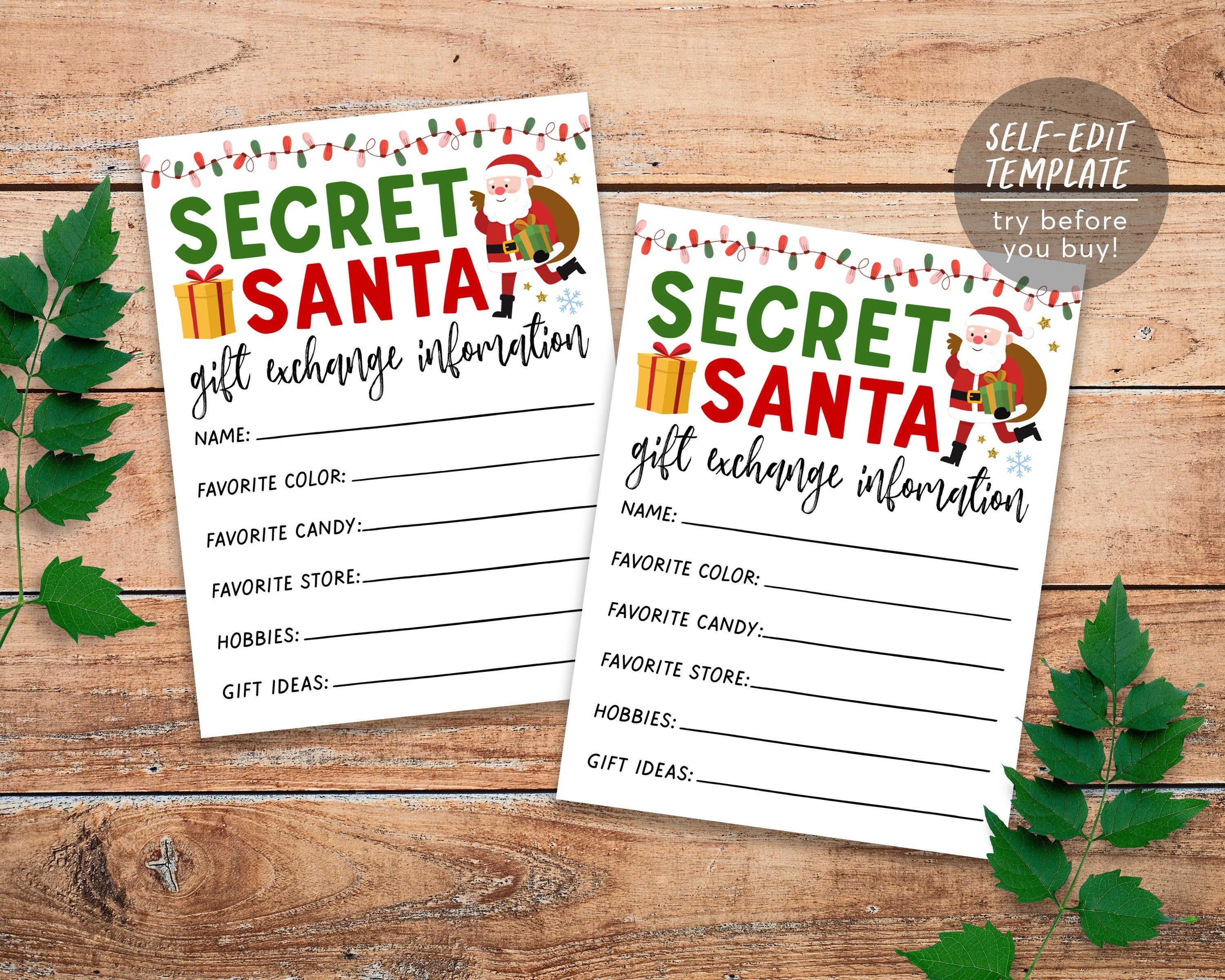 Secret Santa Gift Exchange Cards Editable Template Holiday Christmas Secret Santa Gift Exchange Cards Editable Template Holiday Christmas