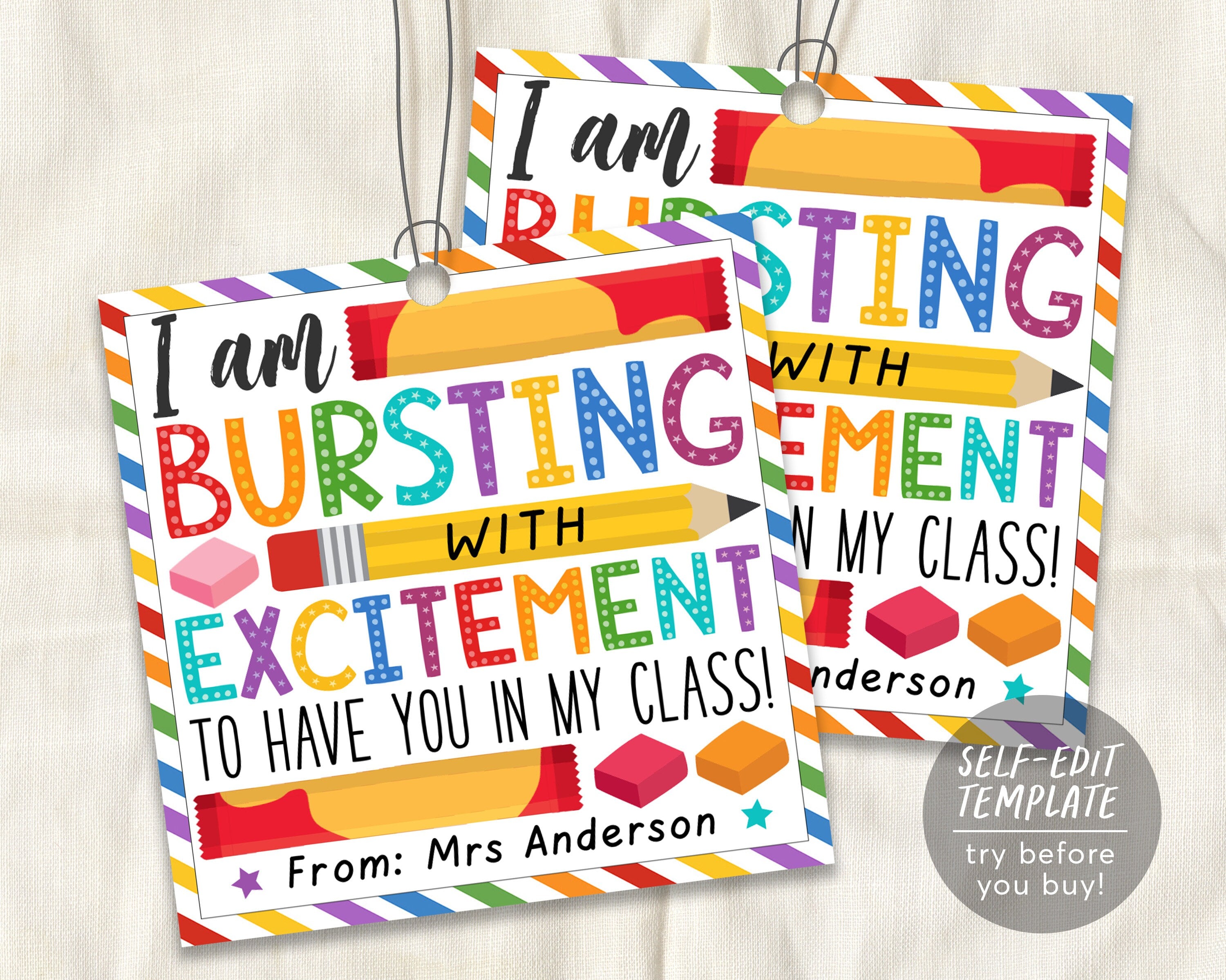 Bursting With Excitement Back to School Gift Tag Editable Template, Ki ...