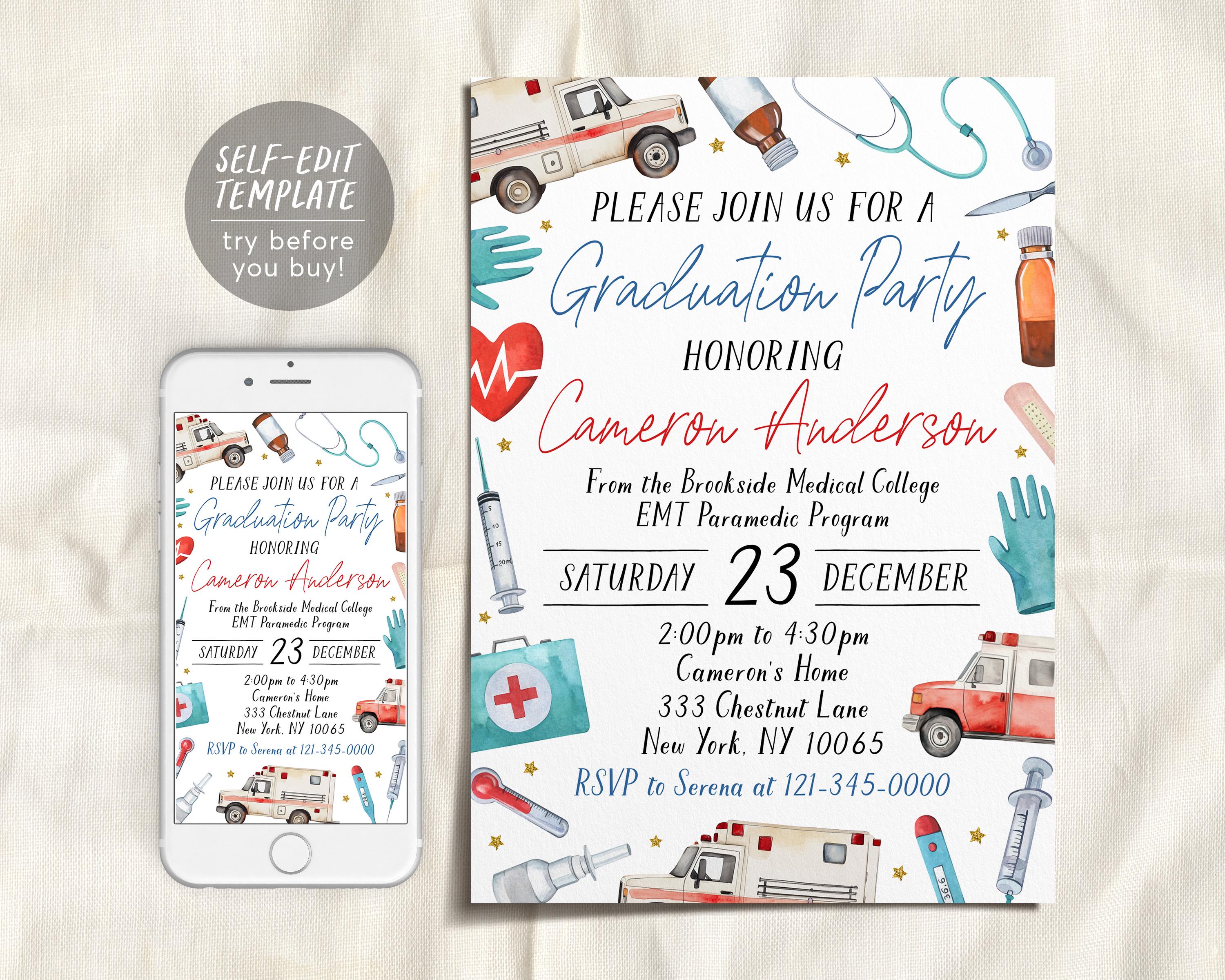Paramedic EMT Graduation Invitation Editable Template, EMT Certificati ...