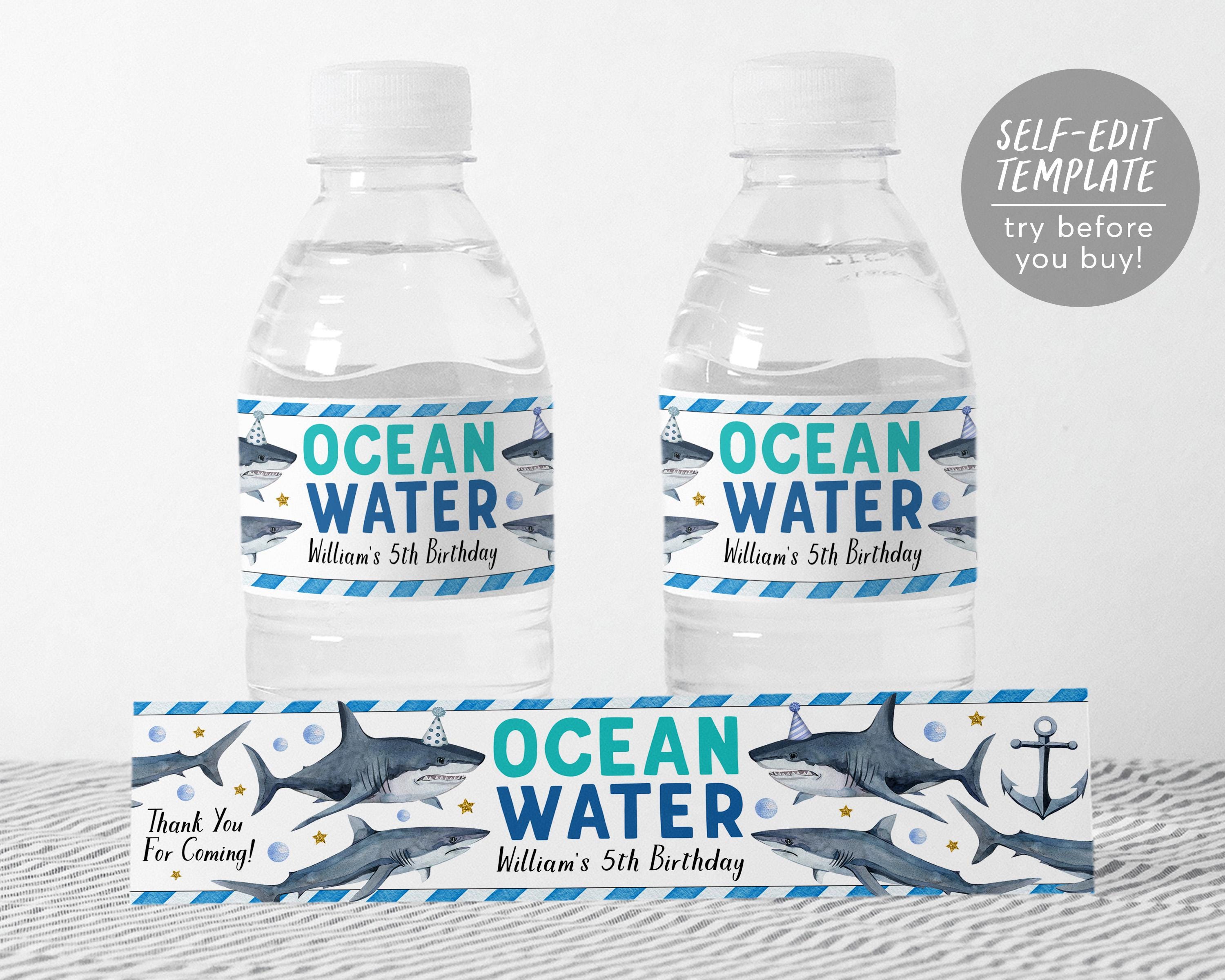 Shark Water Bottle Labels Editable Template, Boy Ocean Water Jawsome S ...