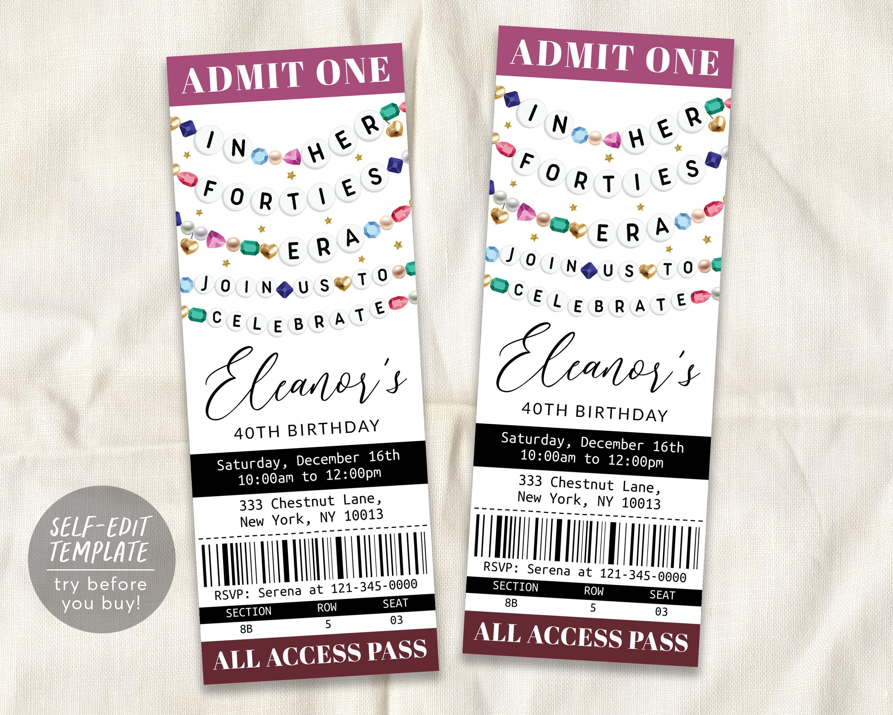 In My Forties Era Ticket Invitation Editable Template, Friendship Brac ...