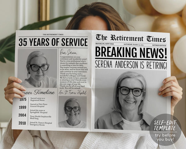 Retirement Newspaper Editable Template, Retirement Party Newspaper Bou ...