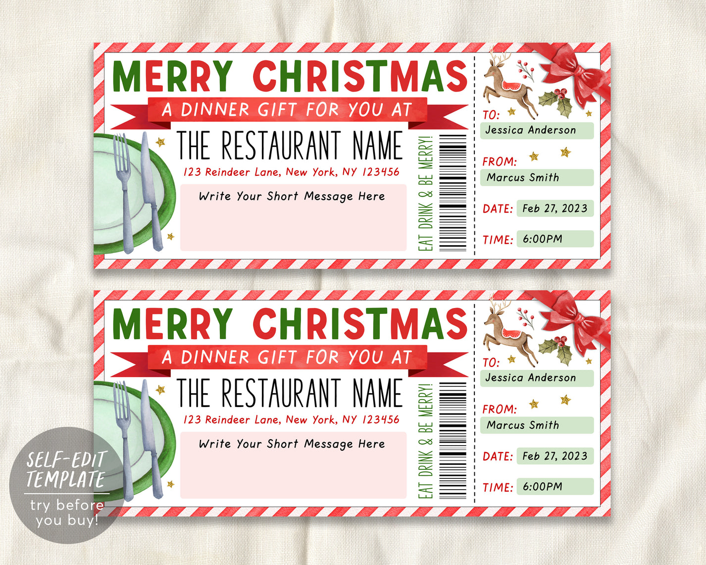 Christmas Restaurant Gift Voucher Editable Template, Xmas Holiday Dinn ...