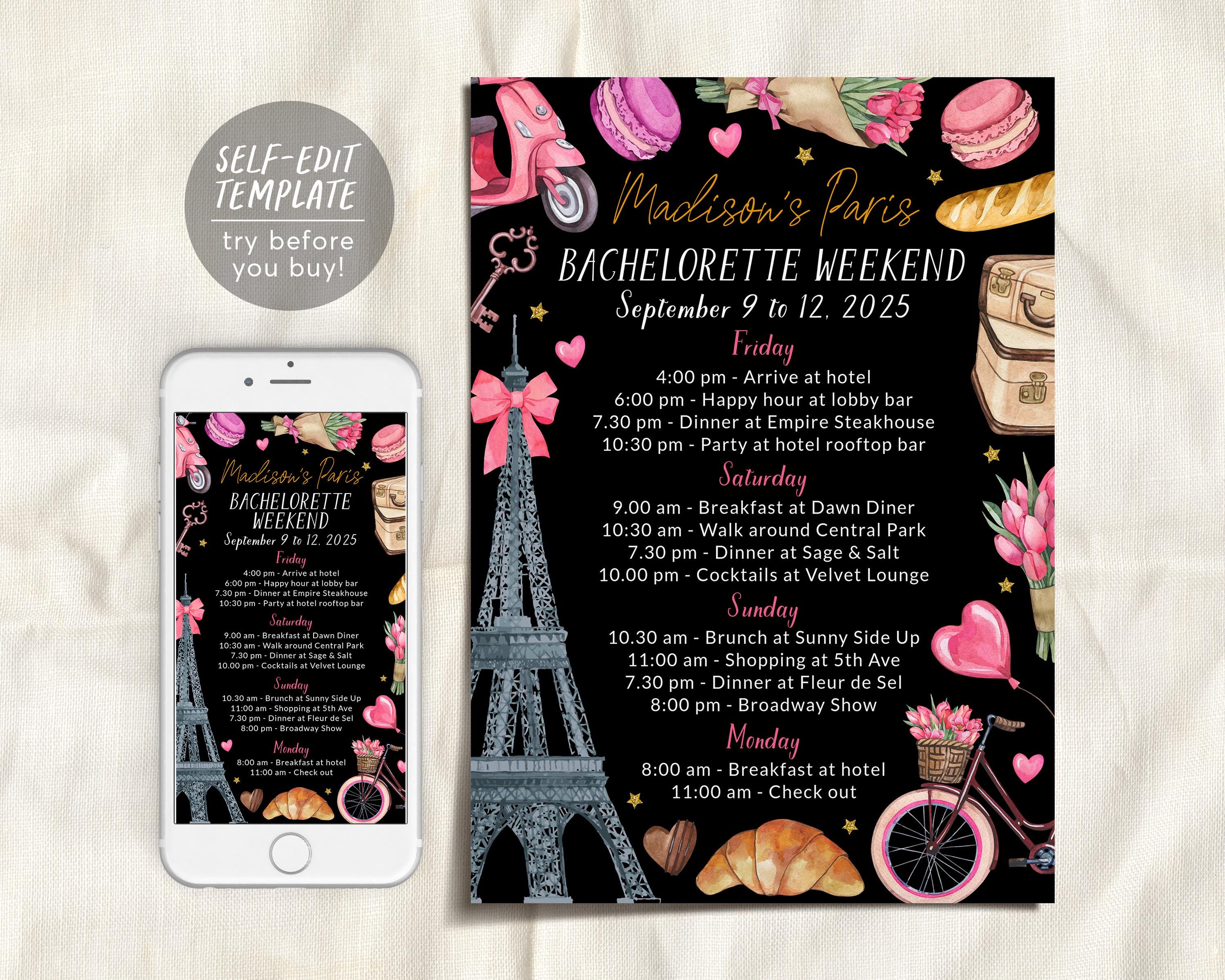 Paris Bachelorette Itinerary Editable Template, France Travel Planner ...