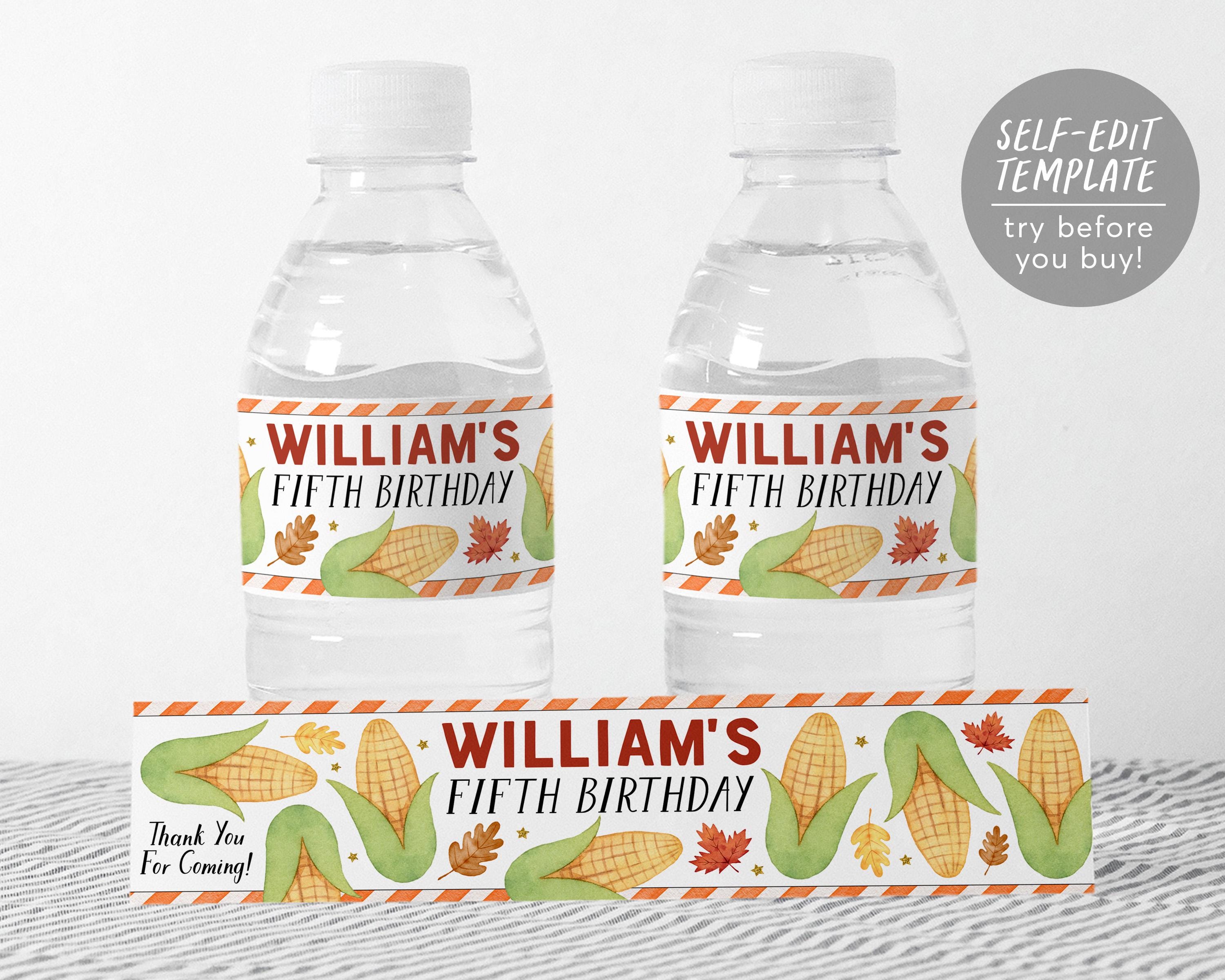 Corn Water Bottle Labels Editable Template, Corn Field Autumn Birthday ...
