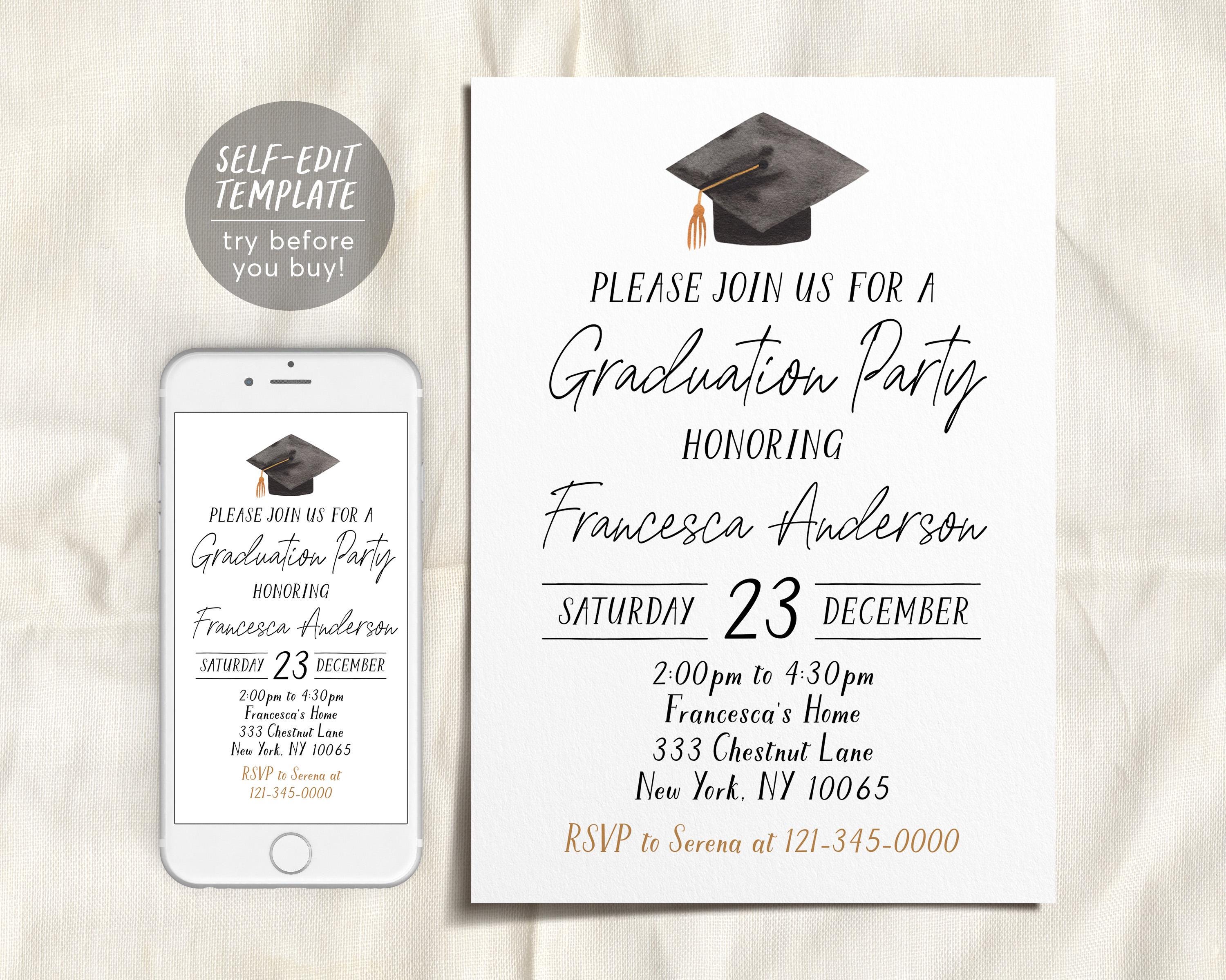 Graduation Invitation Editable Template, Grad Announcement Party Invit ...