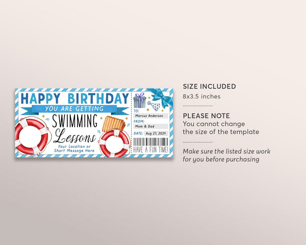 Swim Lessons Gift Certificate Ticket Editable Template, Birthday Surpr ...