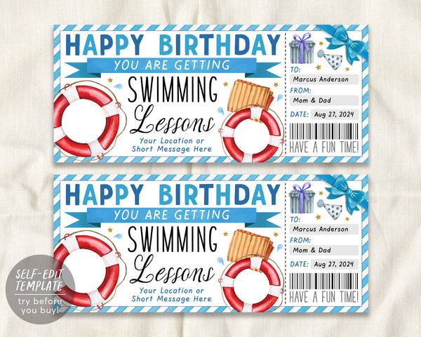 Swim Lessons Gift Certificate Ticket Editable Template, Birthday Surpr ...