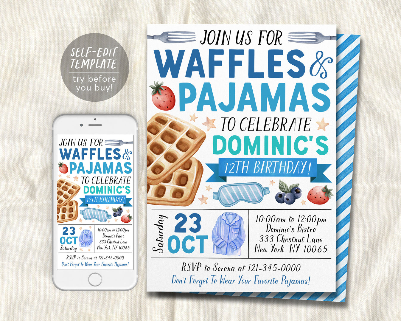 Waffles and Pajamas Birthday Invitation Editable Template, Boy Waffles ...