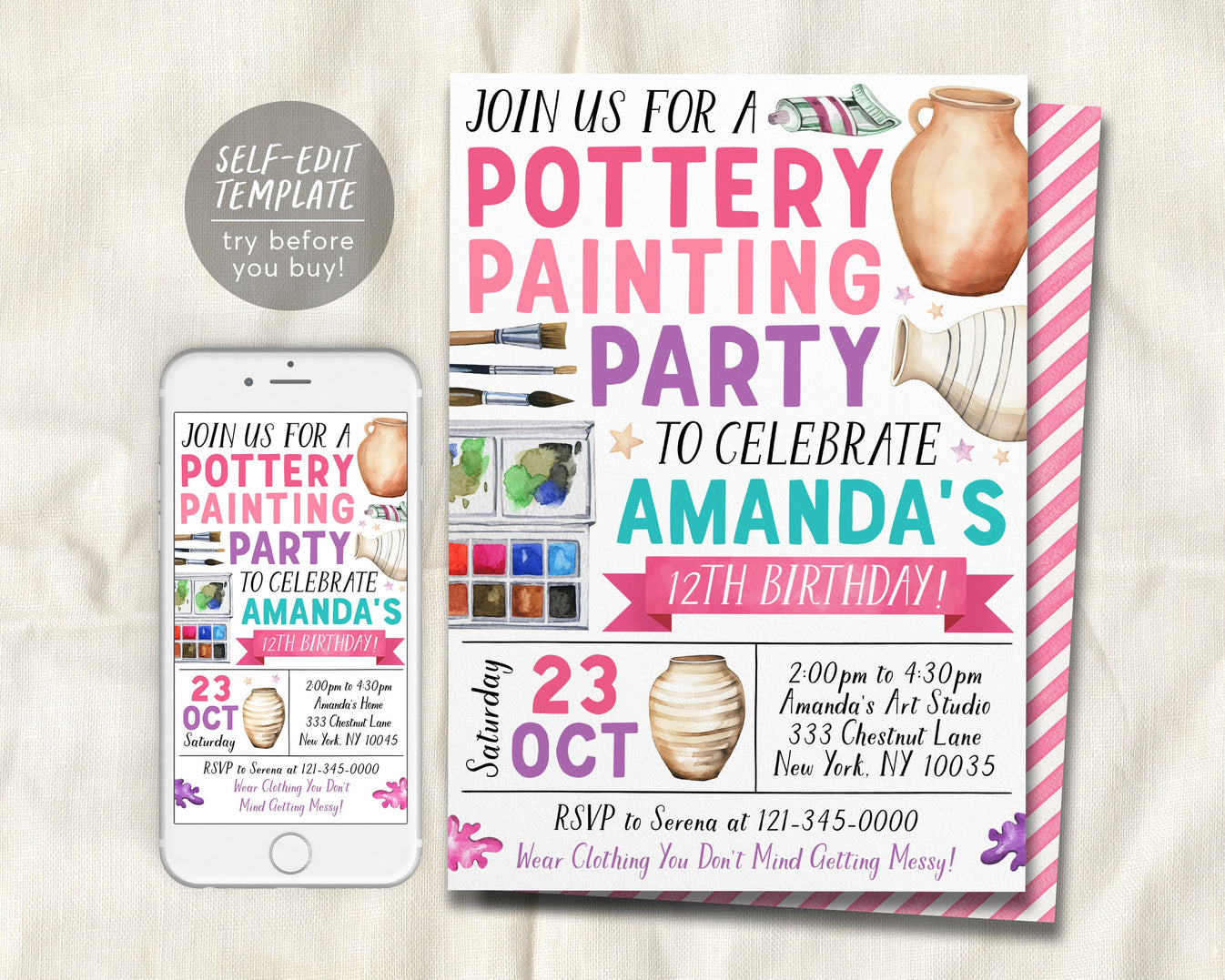 Pottery Party Invitation Editable Template, Pottery Painting Party Inv ...