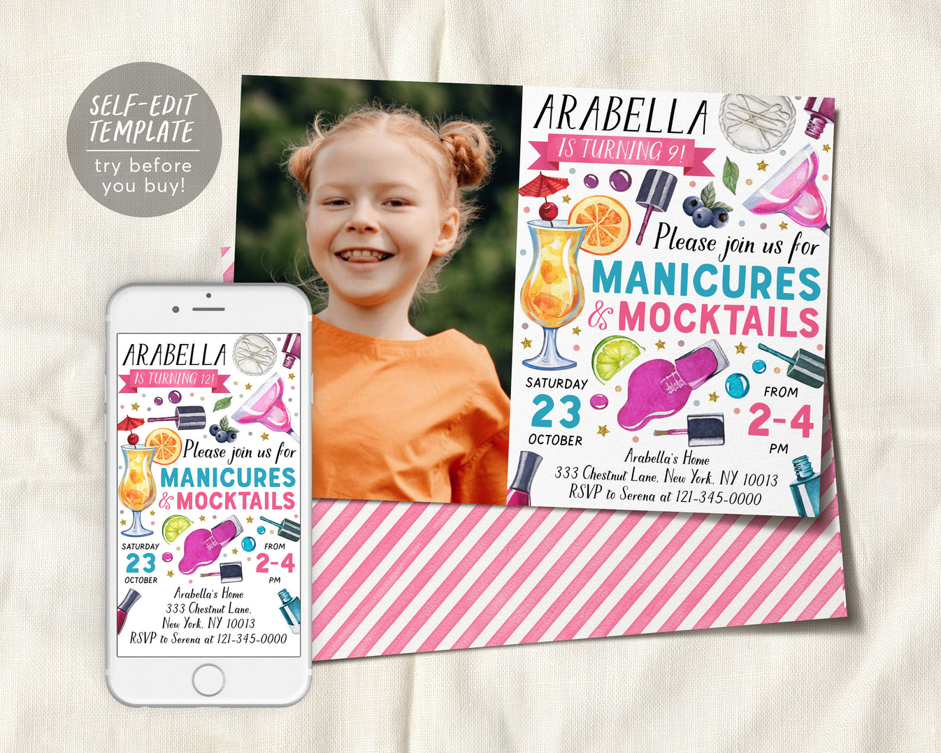 Manicures And Mocktails Party Invitation With Photo Editable Template ...