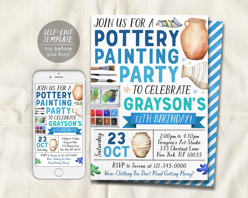 Pottery Party Invitation Editable Template, Pottery Painting Party Inv ...
