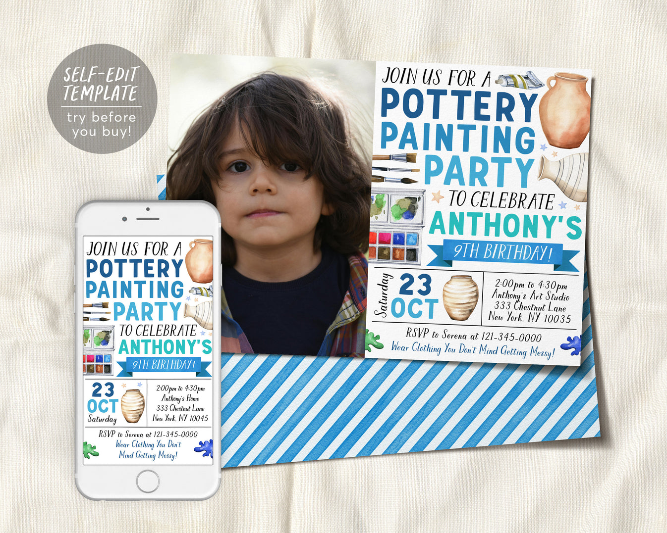 Pottery Party Invitation With Photo Editable Template, Pottery Paintin ...