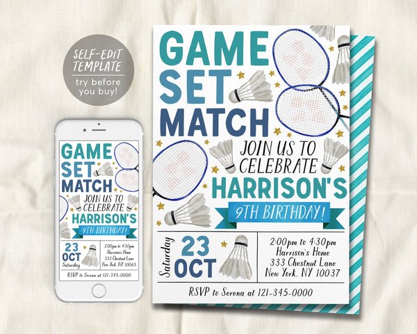 Badminton Birthday Invitation Editable Template, Boy Badminton Party I ...