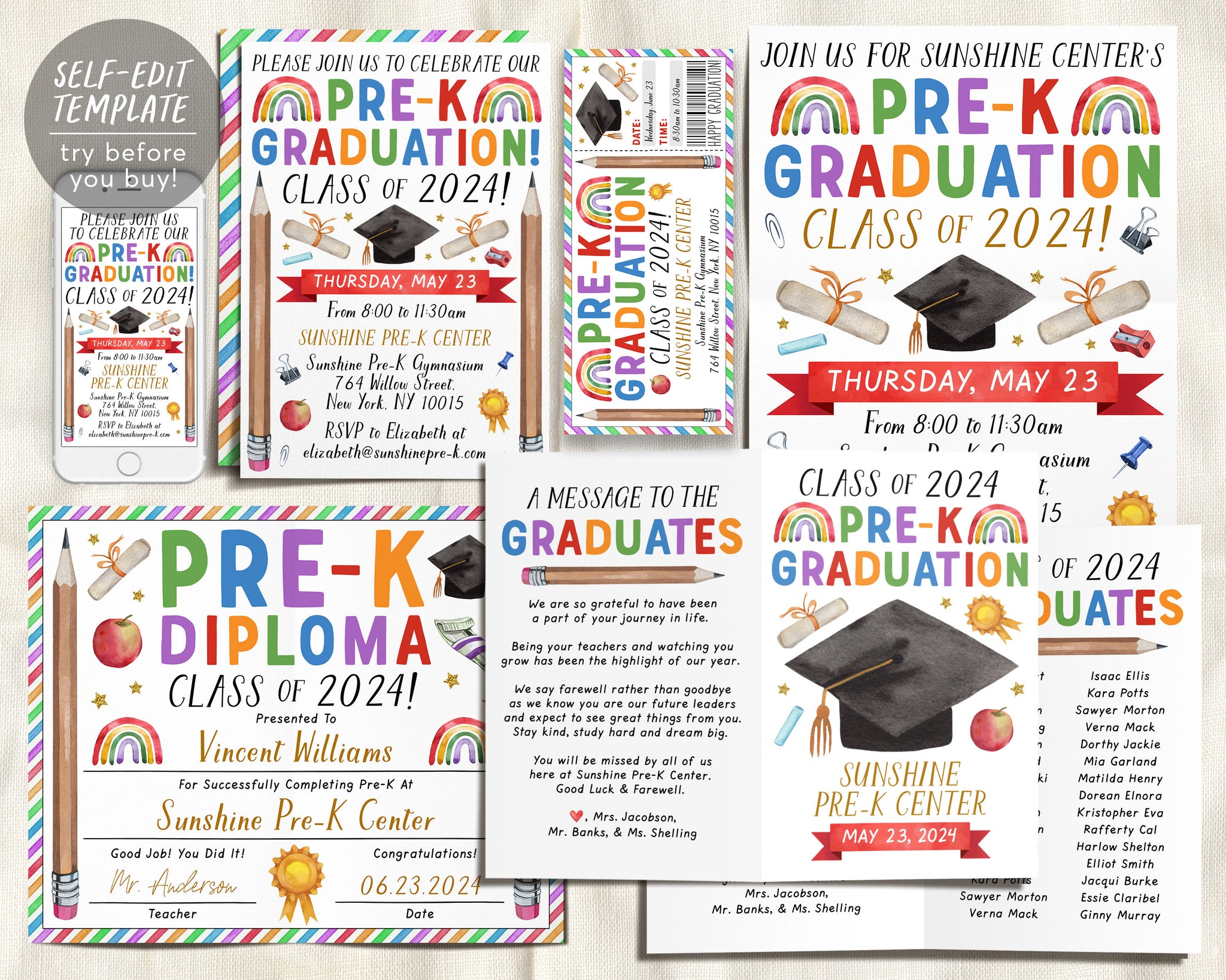 Pre-K Graduation Ceremony BUNDLE Editable Template, Preschool Kinderga ...