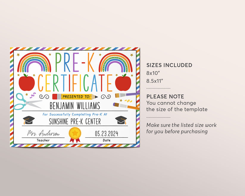Pre-K Graduation Diploma Editable Template, Preschool Kindergarten Cer ...