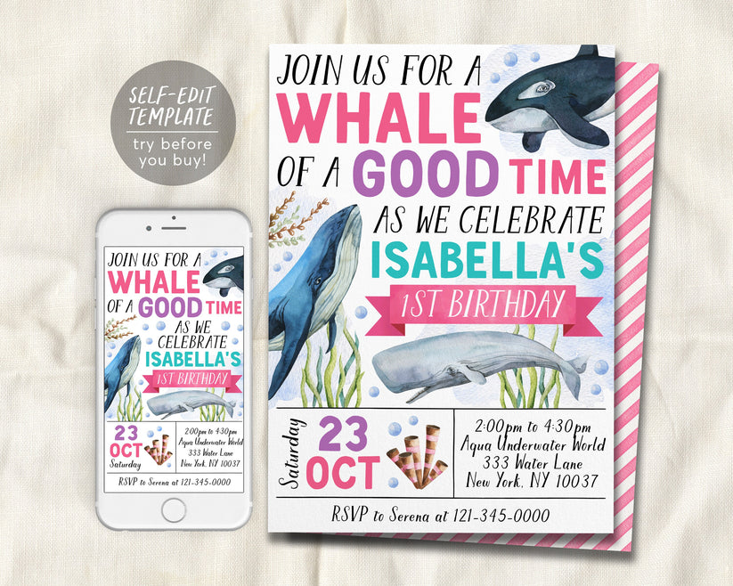Whale Birthday Invitation Editable Template, Whale of a Good Time Part ...