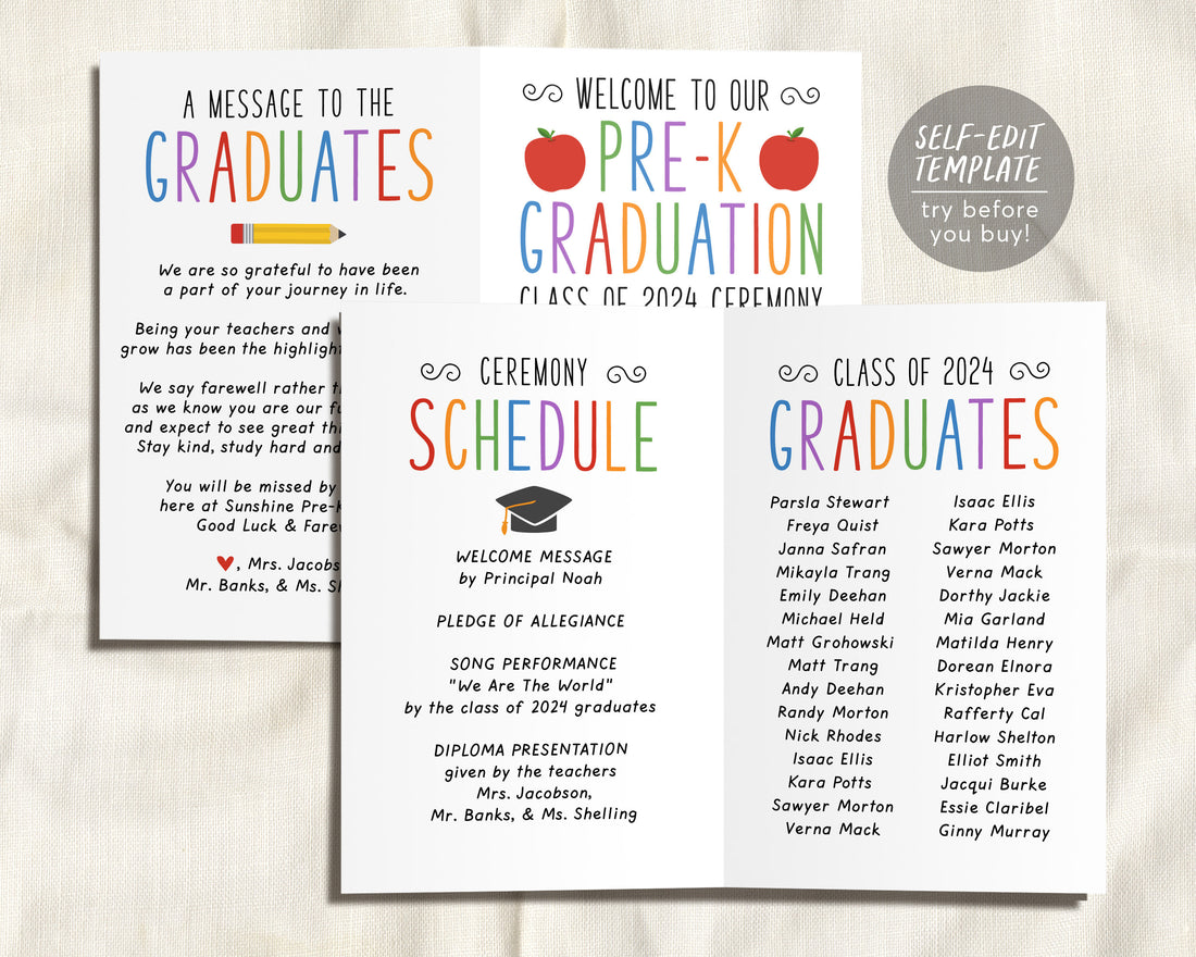 Pre-K Graduation Program Editable Template, Preschool Ceremony Program ...