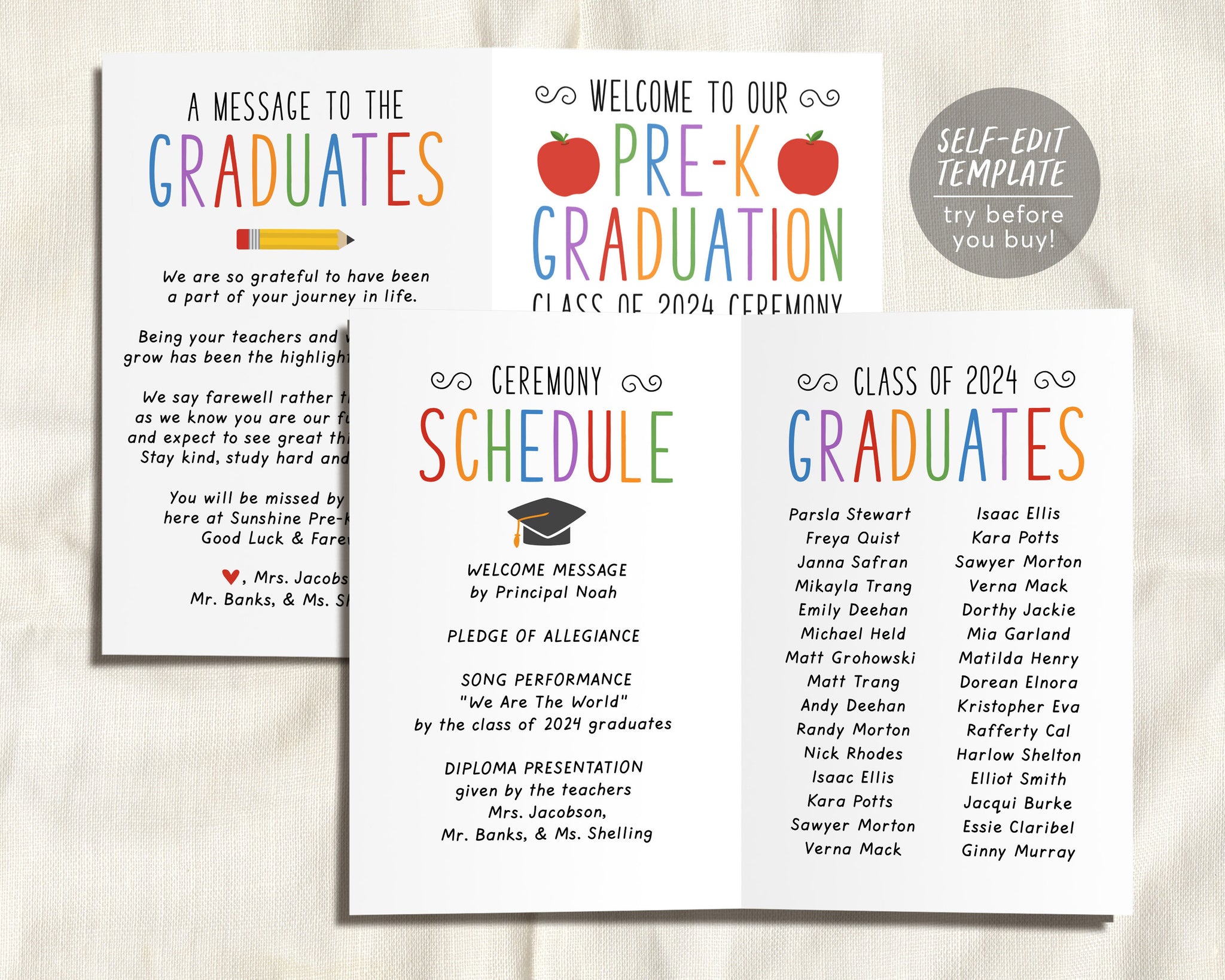 Pre-K Graduation Program Editable Template, Preschool Ceremony Program ...