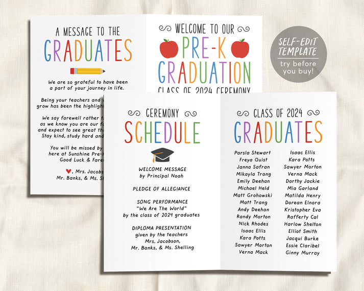 Pre-K Graduation Program Editable Template, Preschool Ceremony Program ...