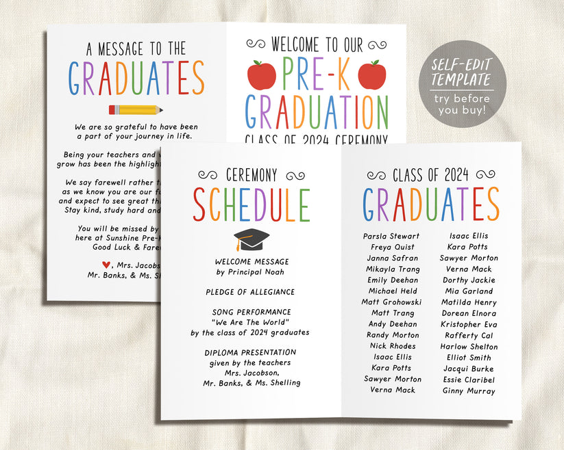 Pre-K Graduation Program Editable Template, Preschool Ceremony Program ...