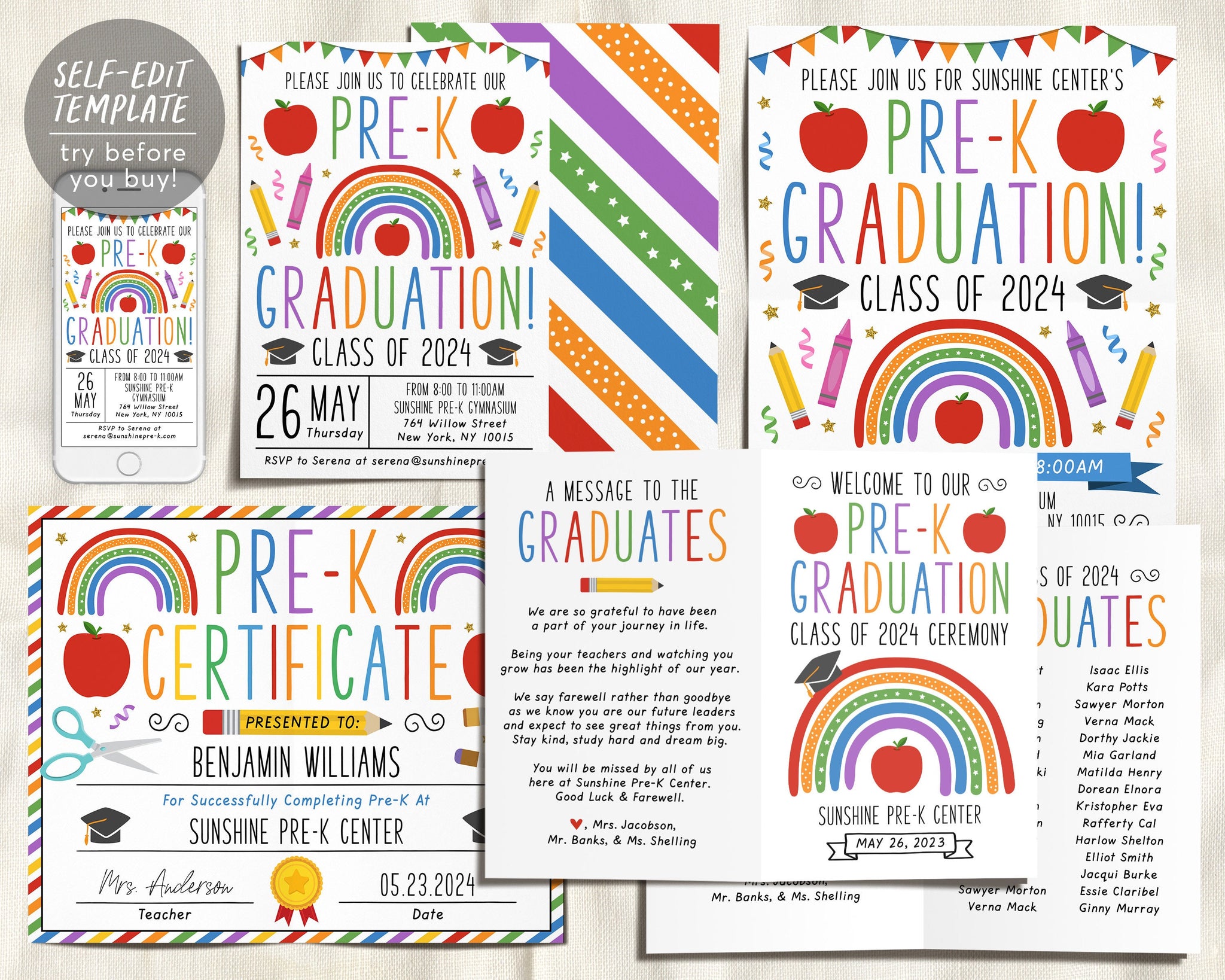 Pre-K Graduation Ceremony BUNDLE Editable Template, Preschool Kinderga ...