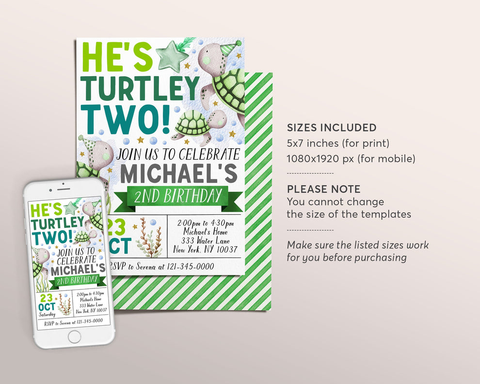 Turtle Second Birthday Invitation Editable Template, He's Turtley Two ...
