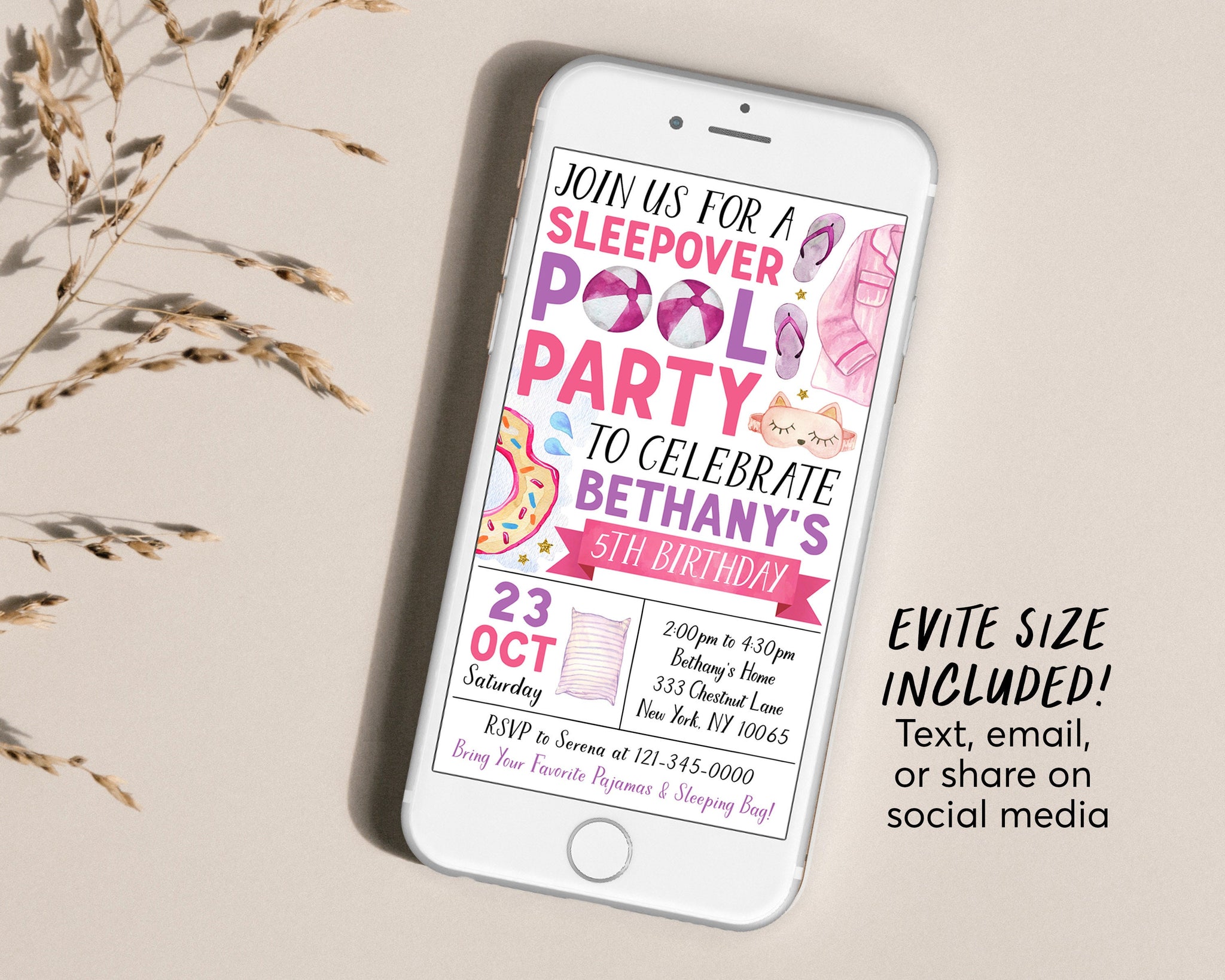 Sleepover Pool Party Birthday Invitation Editable Template, Swimming S ...