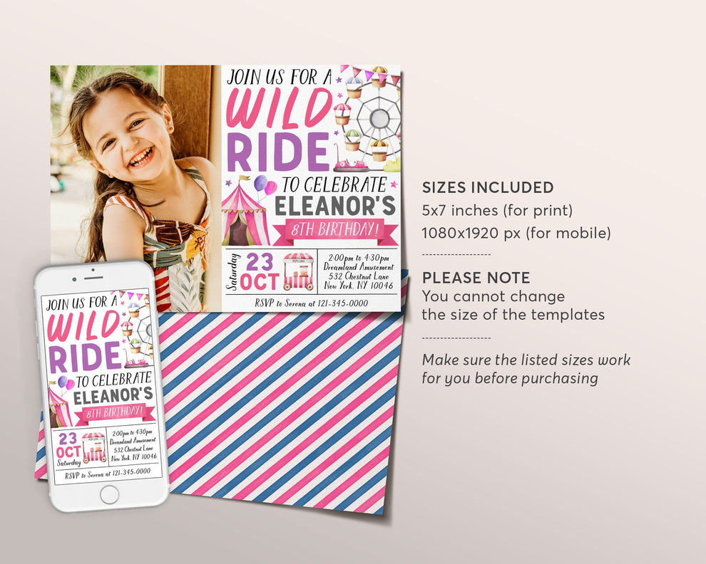 Amusement Park Birthday Invitation With Photo Editable Template, Girl ...