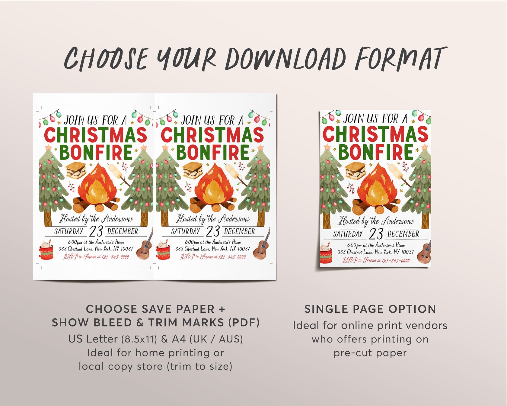 Christmas Bonfire Invitation Editable Template, Backyard Winter Holida ...