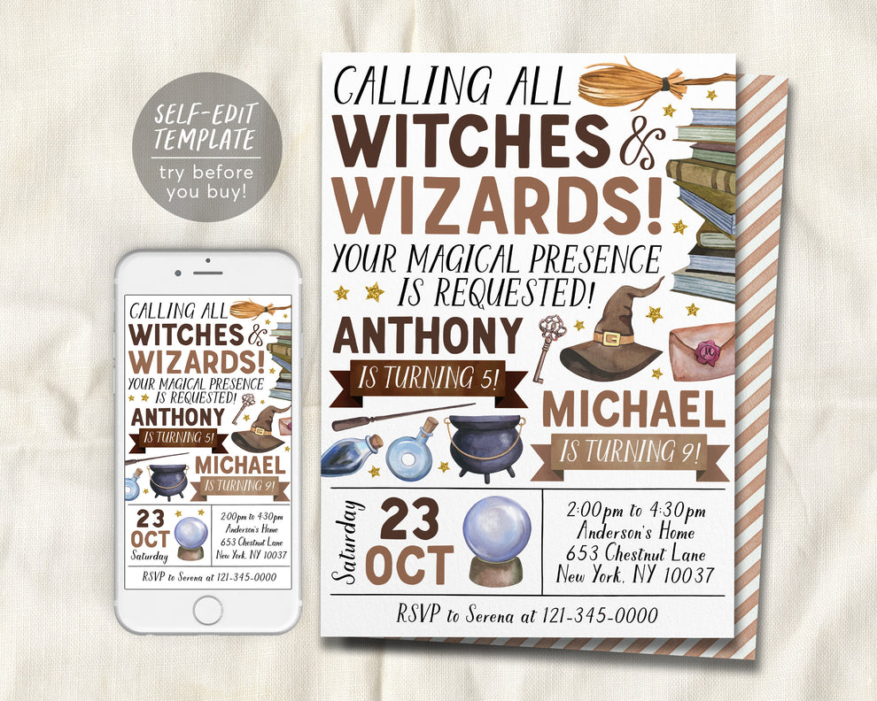 Wizard Joint Siblings Birthday Invitation Editable Template, Twins Wit ...