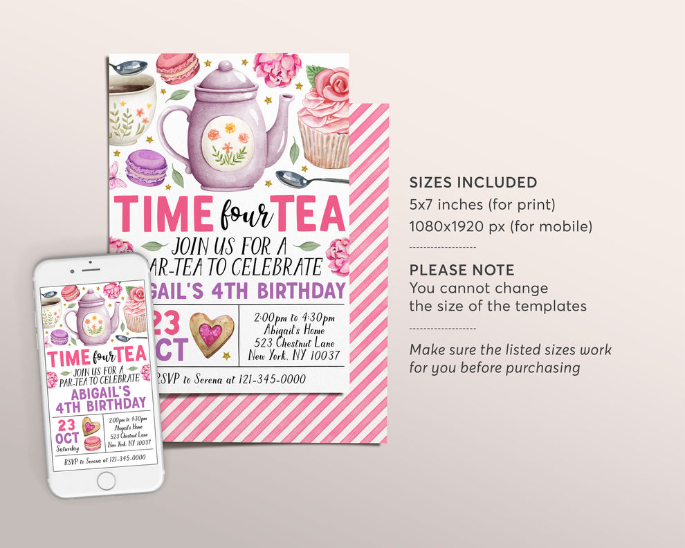 Time Four Tea 4th Birthday Invitation Editable Template, Kids Let's Pa ...