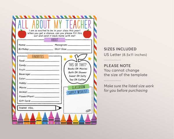 Favorites Teacher Survey Editable Template, Getting To Know My Teacher ...