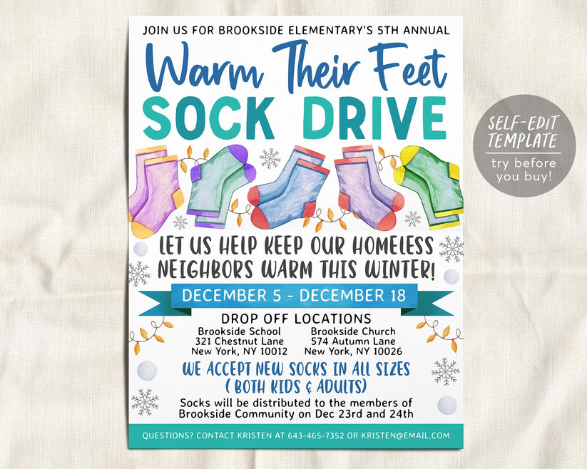 Winter Sock Drive Flyer Editable Template, Holiday Sock Donation Fundr ...