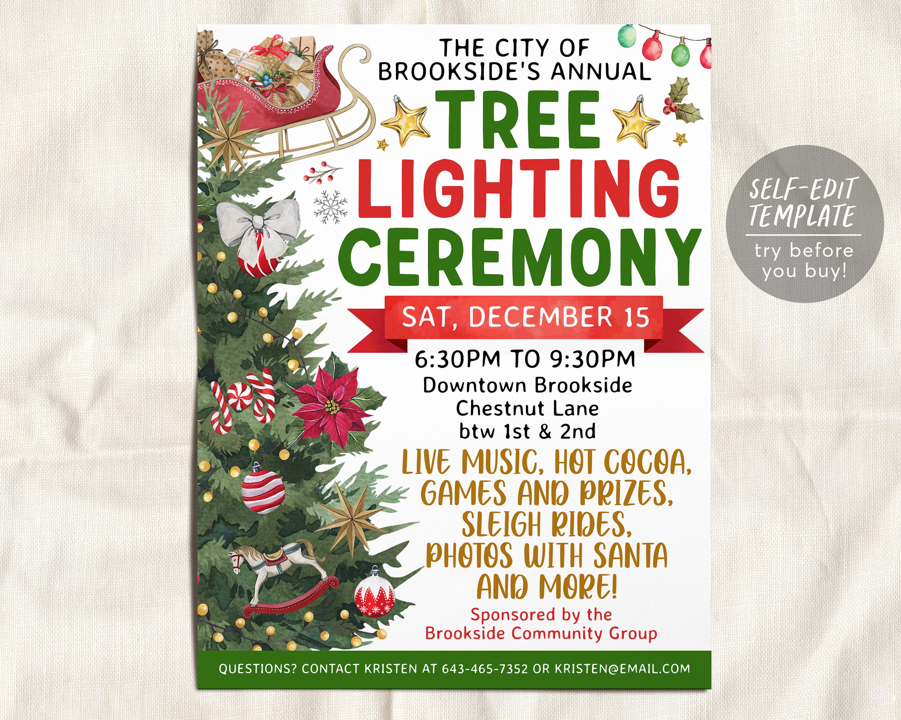 Christmas Tree Lighting Flyer Editable Template, Holiday Tree Lighting ...