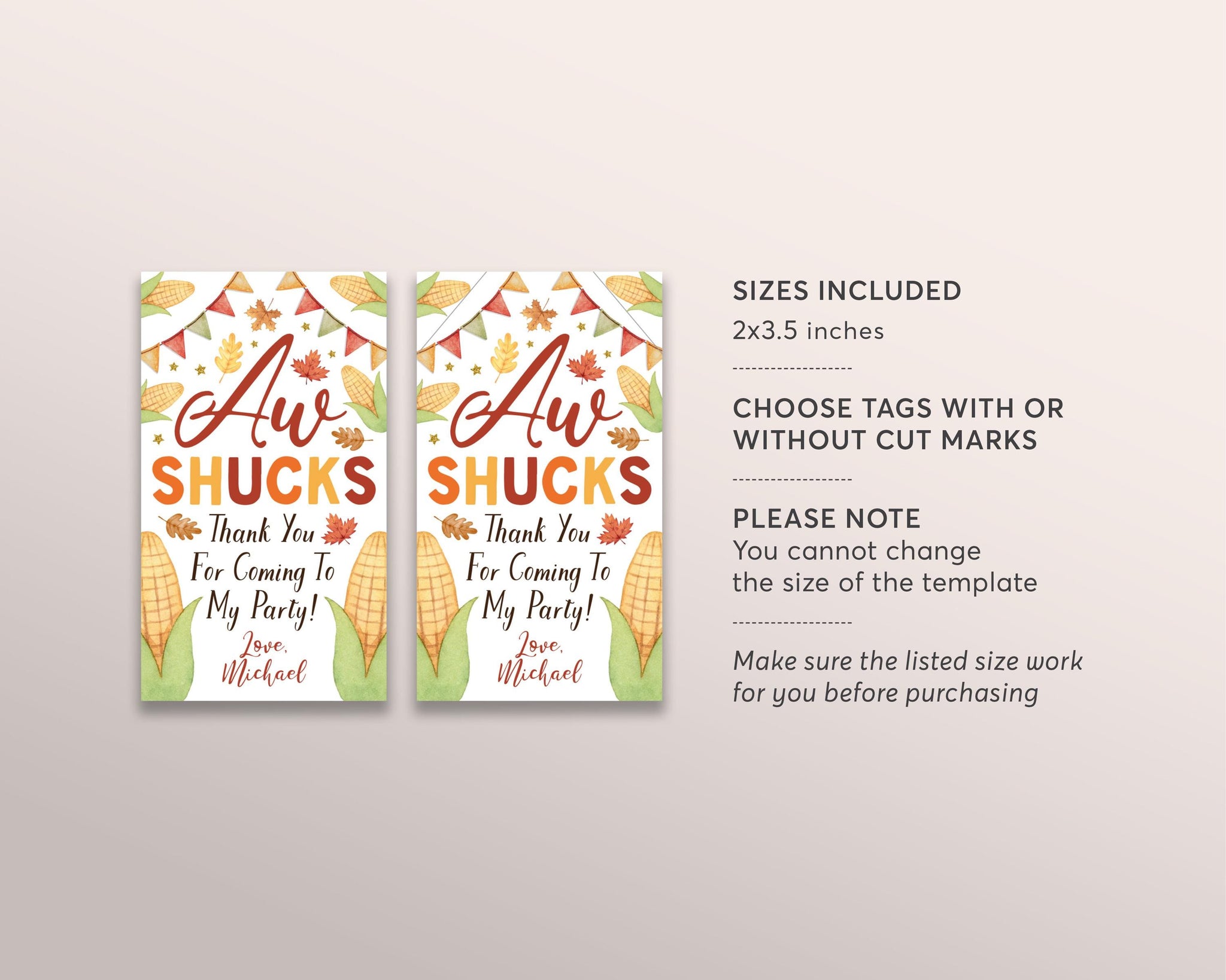 Corn Birthday Favor Tags Editable Template, Aw Shucks Corn Field Fall ...