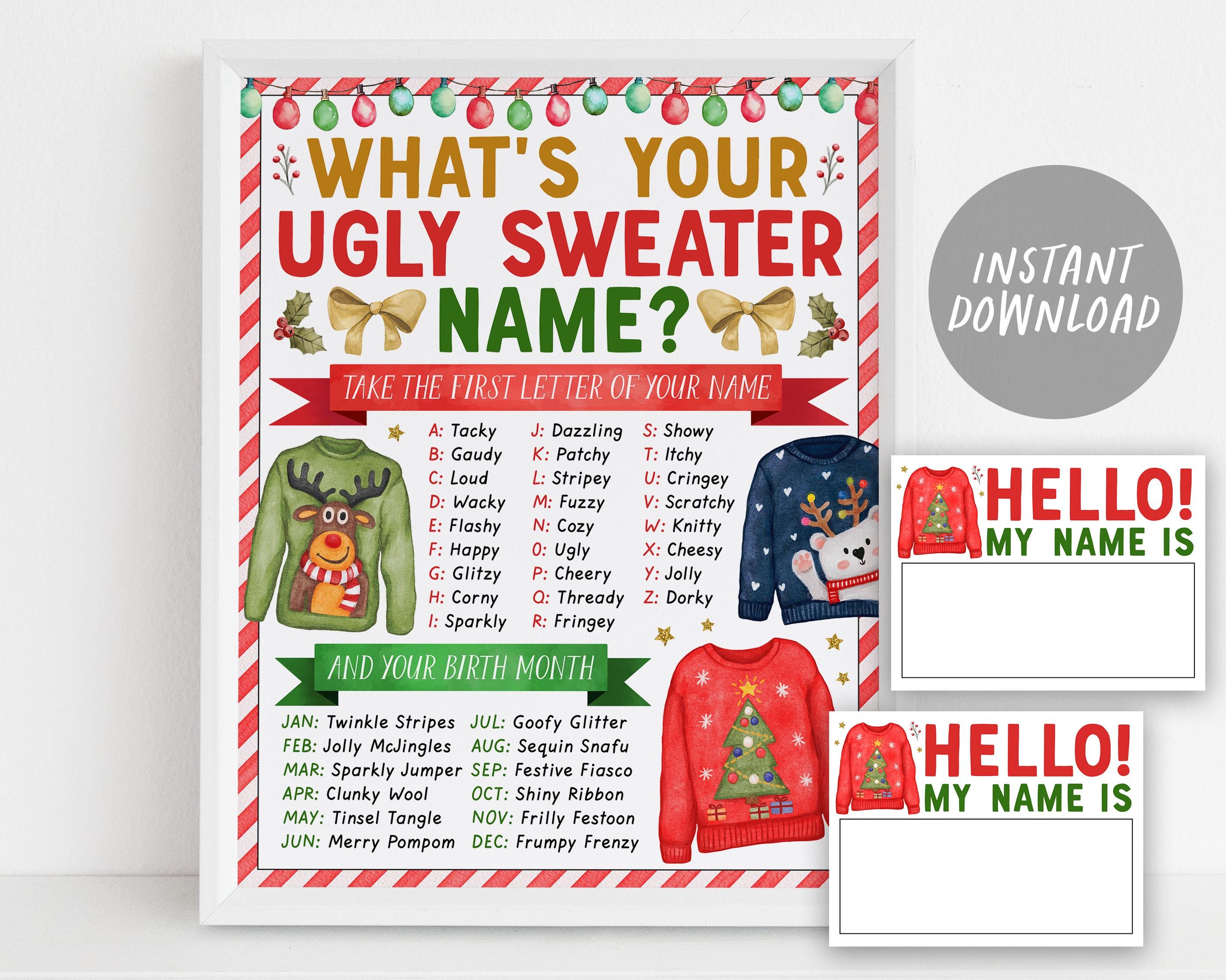 What's Your Ugly Sweater Name Game, Christmas Ugly Sweater Party Game ...