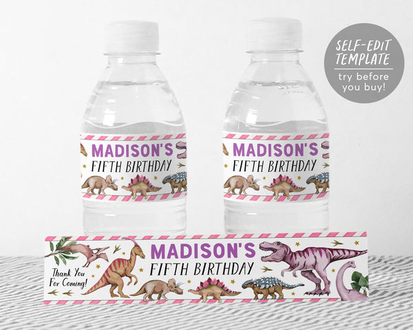 Dinosaur Water Bottle Labels Editable Template, Girl T-Rex Dino Birthd ...