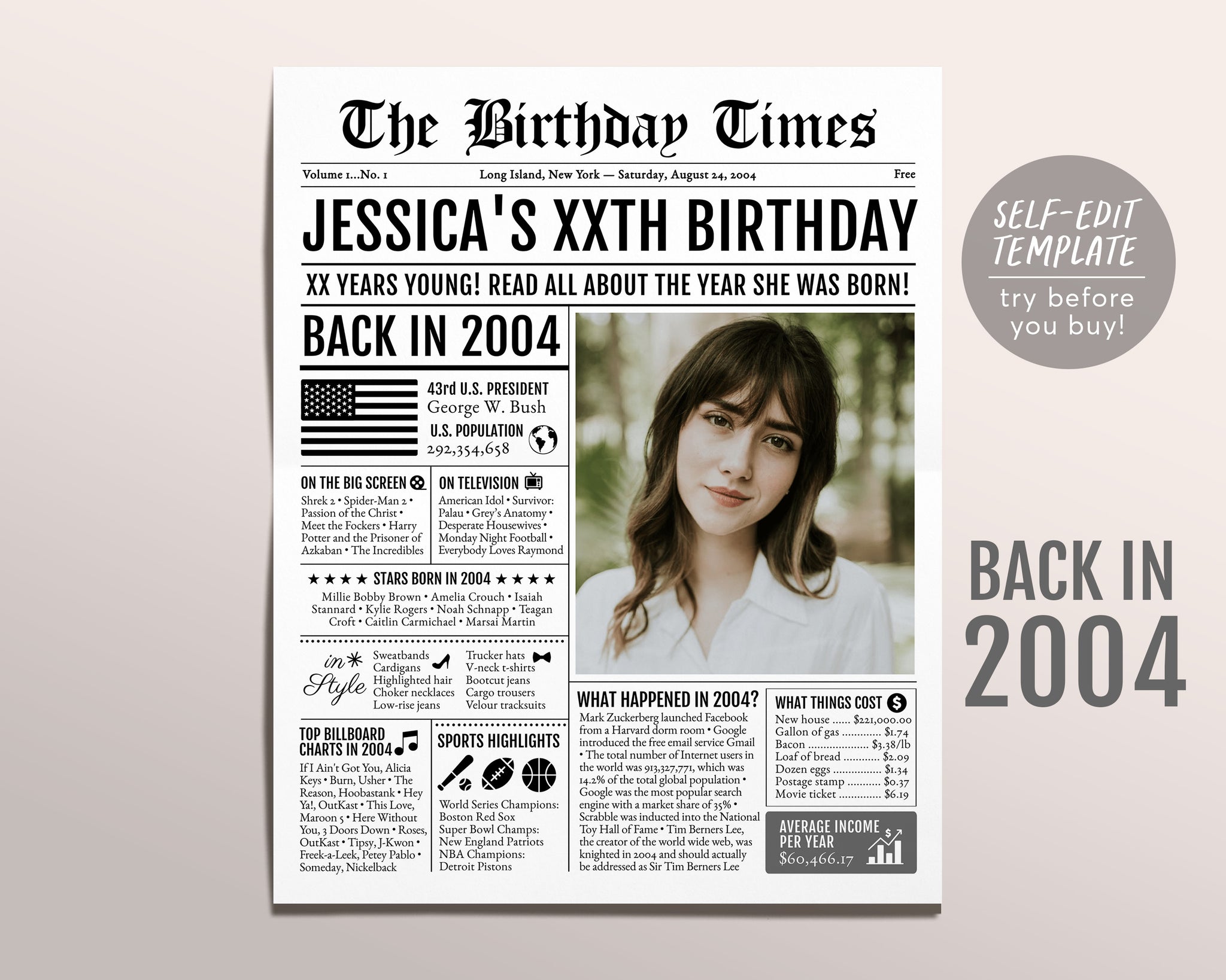 Back in 2004 Birthday Newspaper Editable Template, 19 20 21 Years Ago ...
