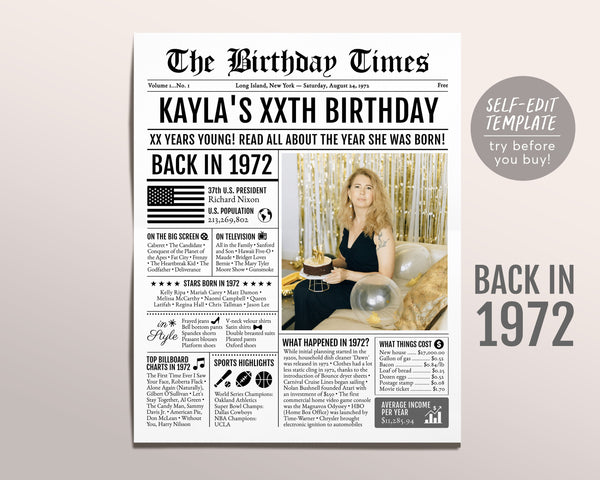 Back in 1972 Birthday Newspaper Editable Template, 51 52 53 Years Ago ...