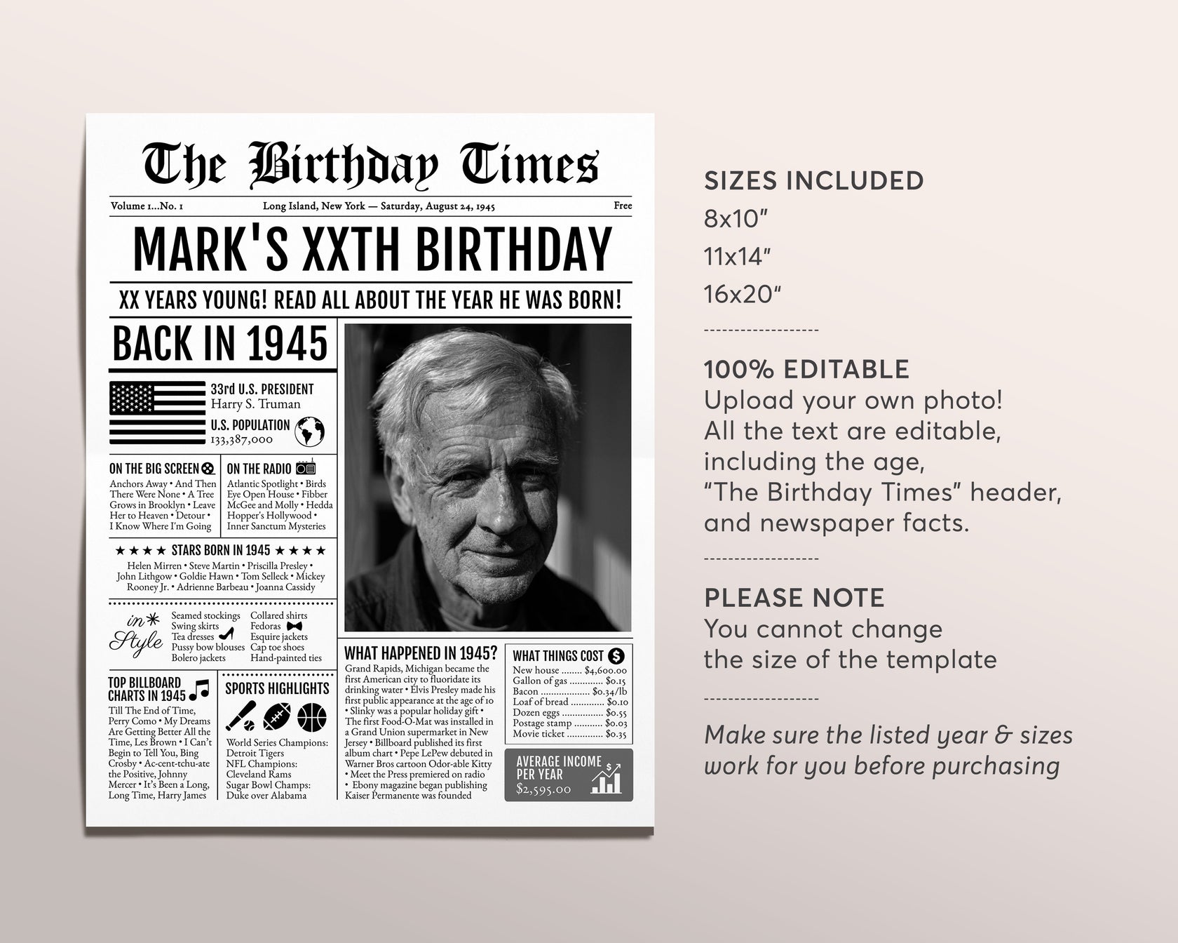 Back in 1945 Birthday Newspaper Editable Template, 78 79 80 Years Ago ...