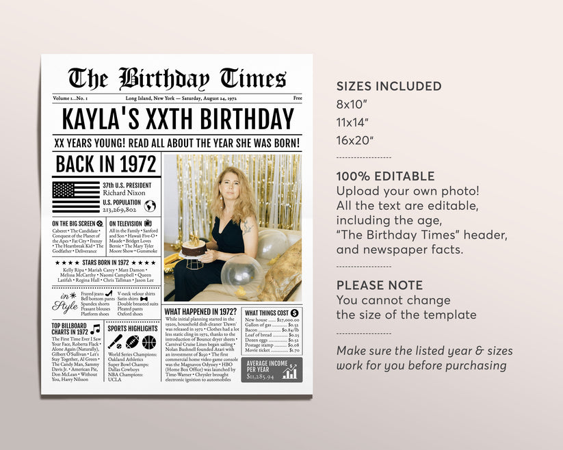 Back in 1972 Birthday Newspaper Editable Template, 51 52 53 Years Ago ...