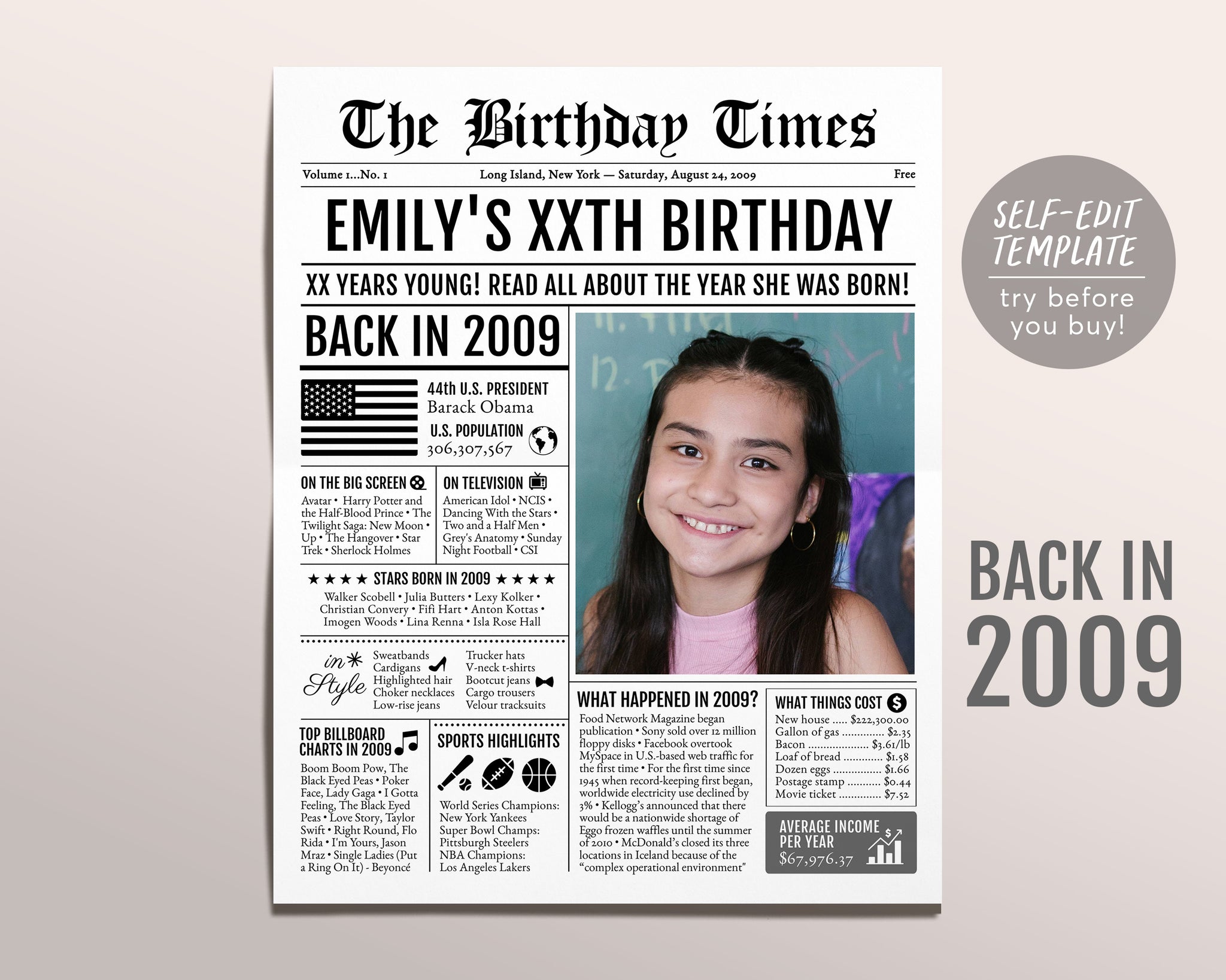 Back in 2009 Birthday Newspaper Editable Template, 14 15 16 Years Ago ...