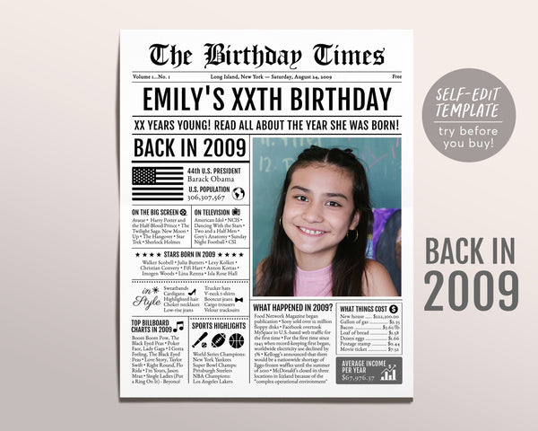 Back in 2009 Birthday Newspaper Editable Template, 14 15 16 Years Ago ...