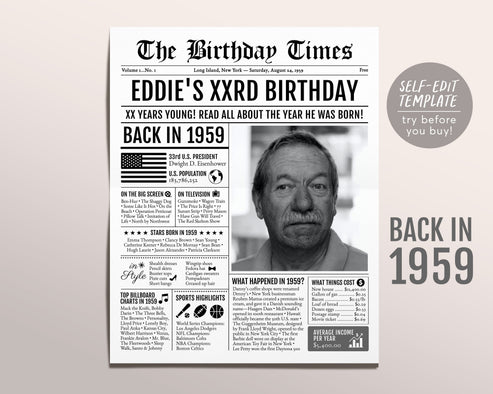 Back in 1959 Birthday Newspaper Editable Template, 64 65 66 Years Ago ...