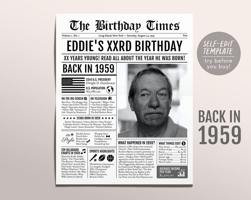 Back in 1959 Birthday Newspaper Editable Template, 64 65 66 Years Ago ...