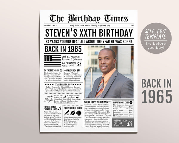 Back in 1965 Birthday Newspaper Editable Template, 58 59 60 Years Ago ...