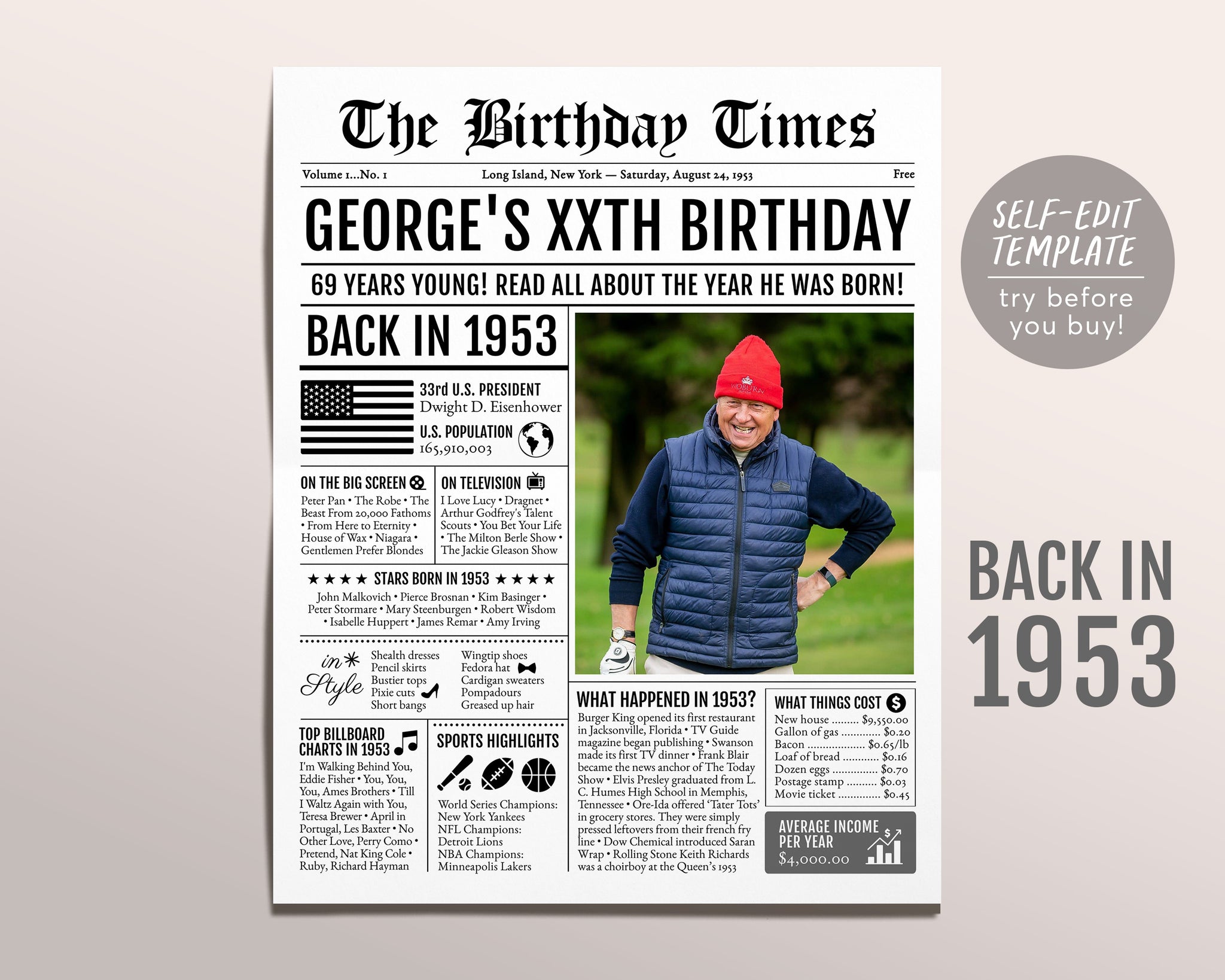 Back in 1953 Birthday Newspaper Editable Template, 70 71 72 Years Ago ...